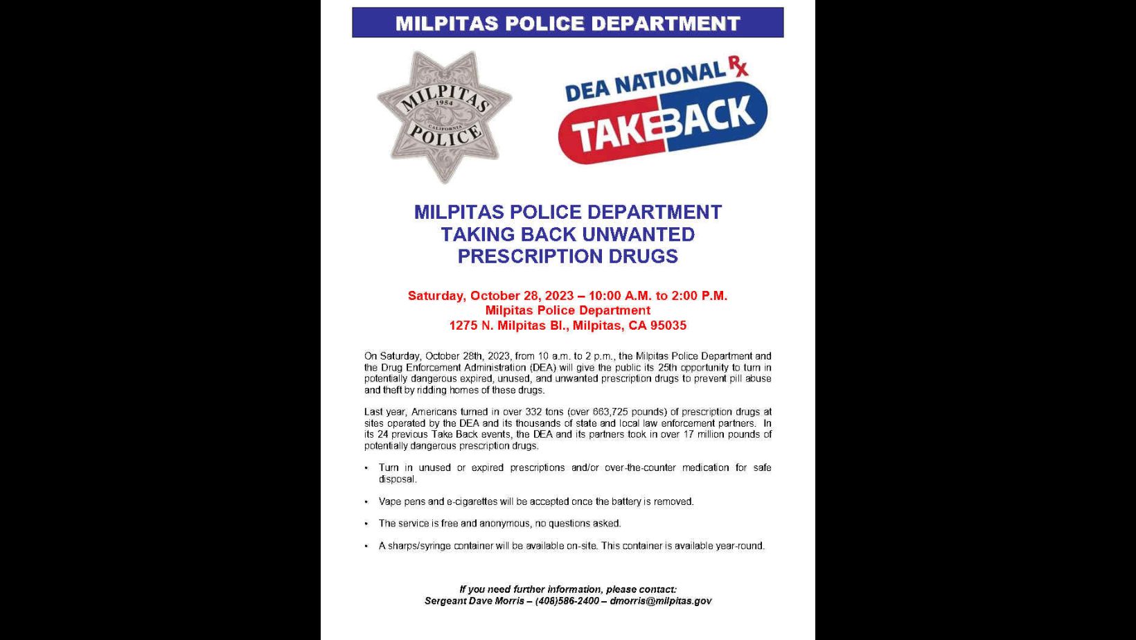 Milpitas Police and DEA Join Forces for 25th National Prescription
