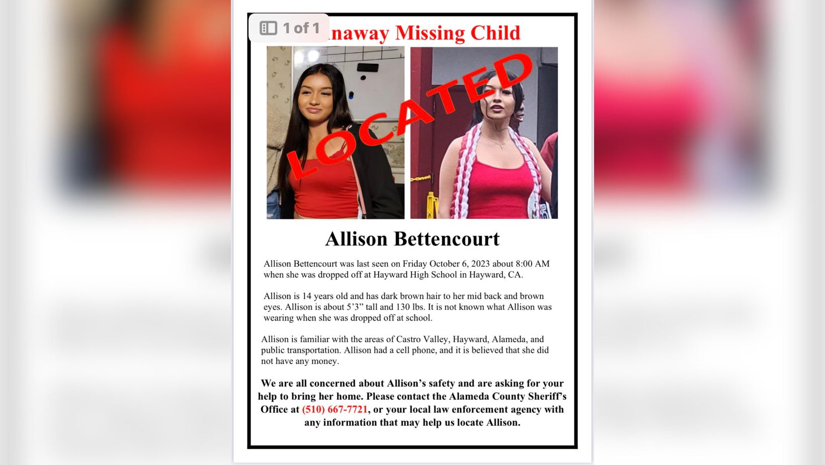Missing 14-Year-Old from Hayward, Allison Bettencourt, Found Safe