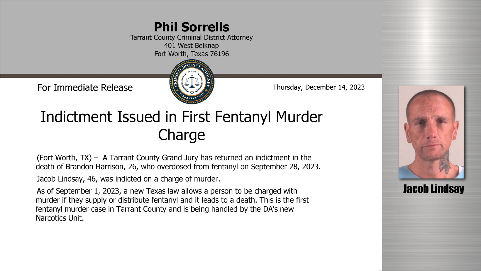 Jacob Lindsay Indicted in Fentanyl Murder Charge, DA Takes