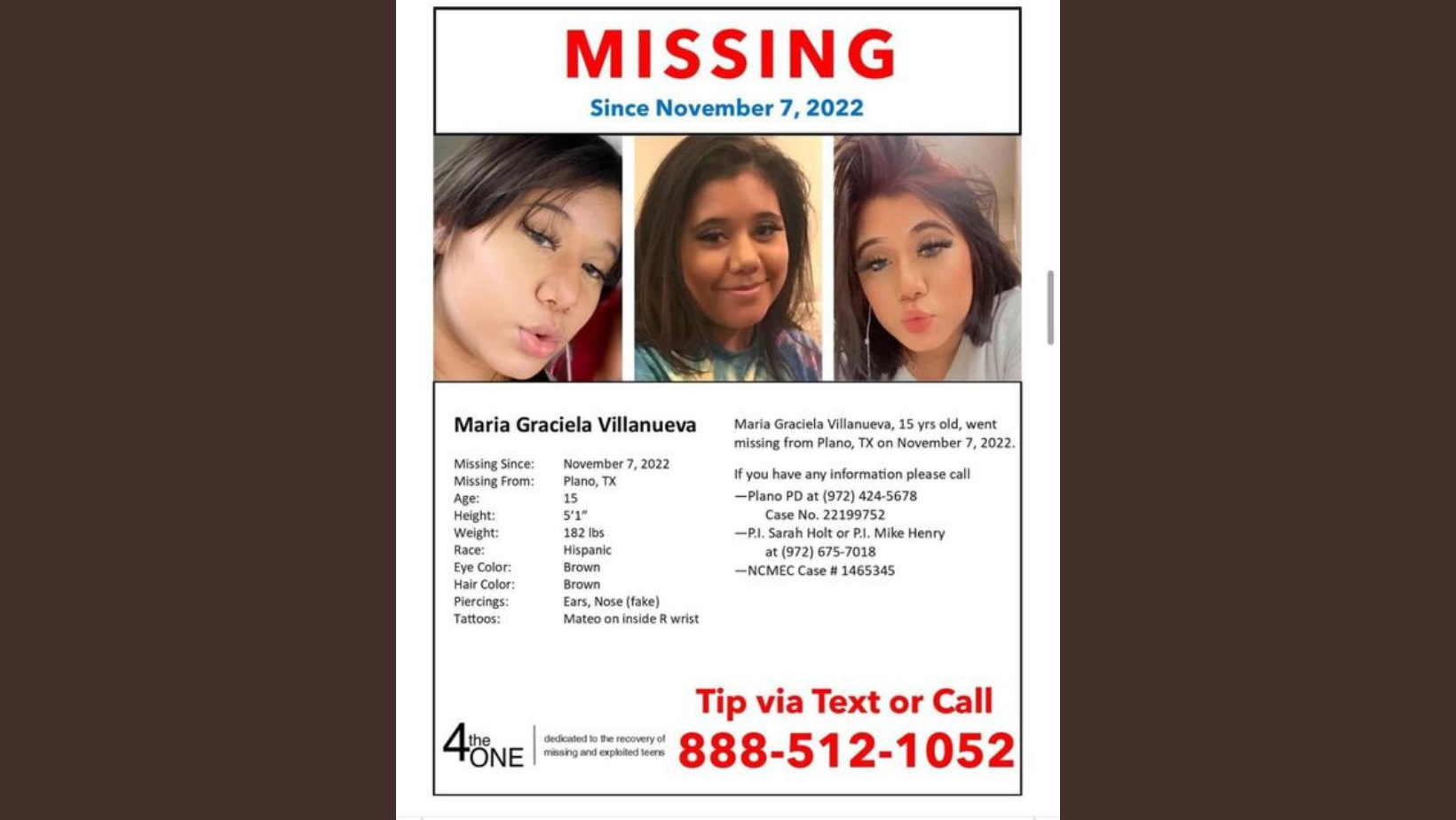 Plano Police Amplify Plea for Information on Missing Maria, Emphasize