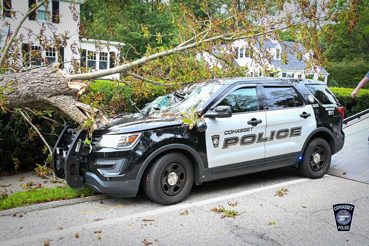 Cohasset Officer Survives as Massive Tree Crushes Police Cruiser
