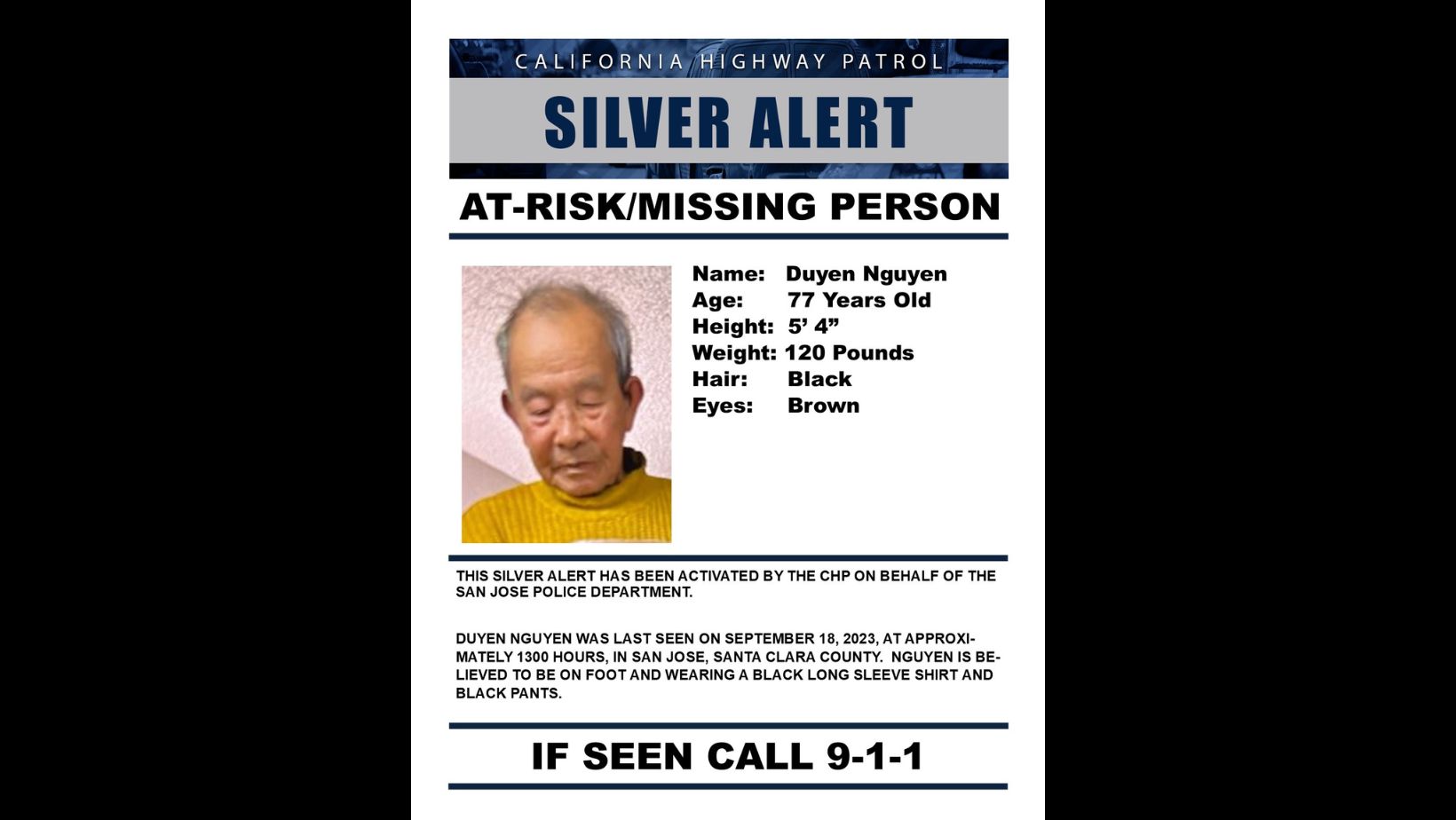 Silver Alert Issued for Missing At-Risk Elderly Person in San Jose