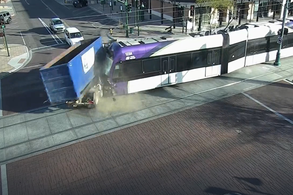 A Light Rail Train Derails in Mesa after Running a Red Light, with no