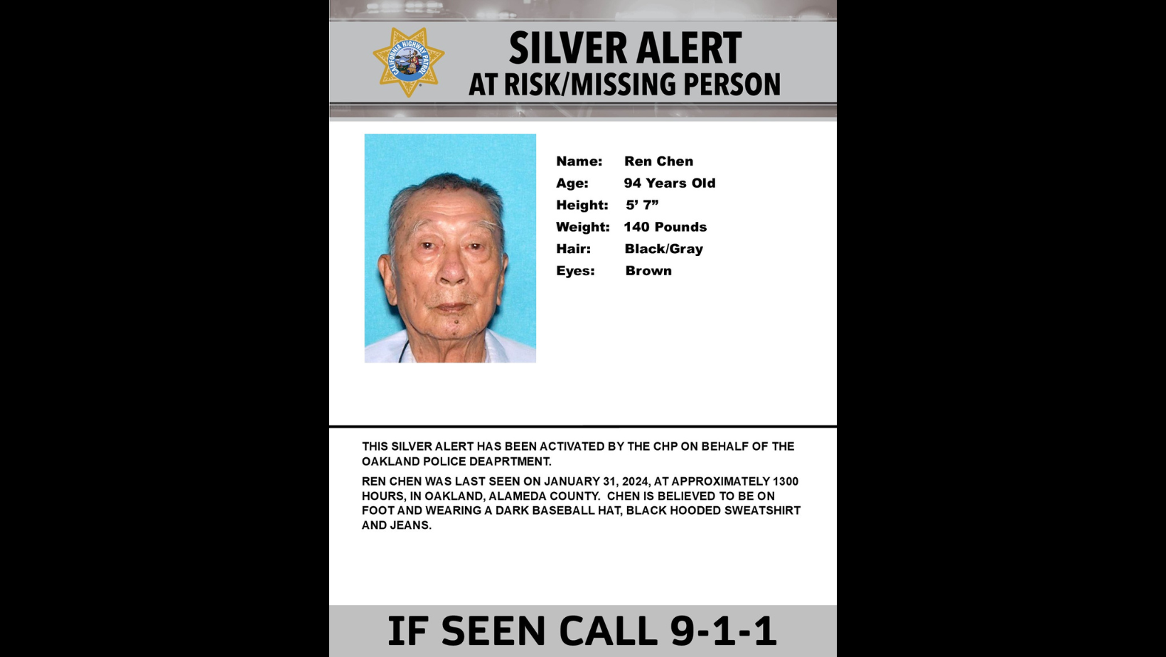 Silver Alert Issued For Missing 94 Year Old Man In Oakland Chp Seeks
