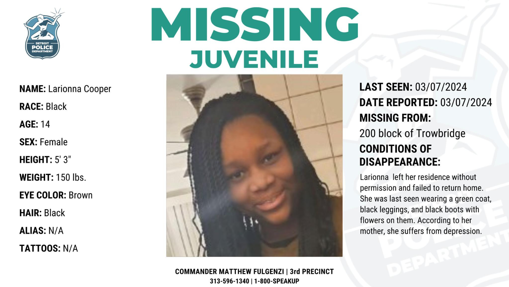 Detroit Police Seek Community Help in Finding Missing 14-Year-Old