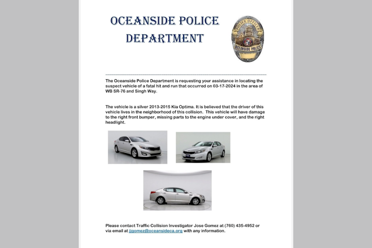 Oceanside Police Seek Community Help to Locate Suspect Vehicle in