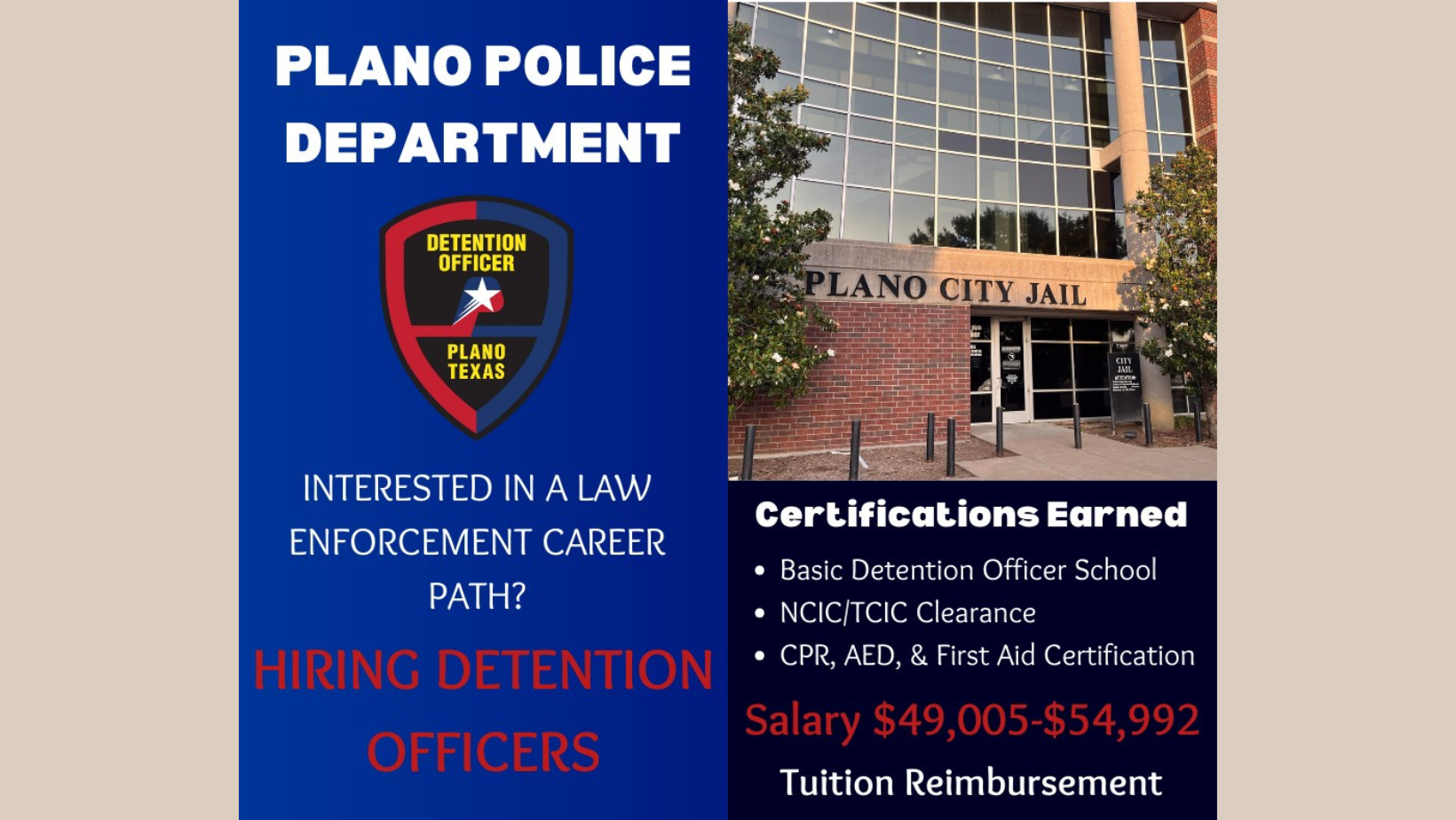 Plano Police Seeks New Detention Officers, Emphasizes Integrity in
