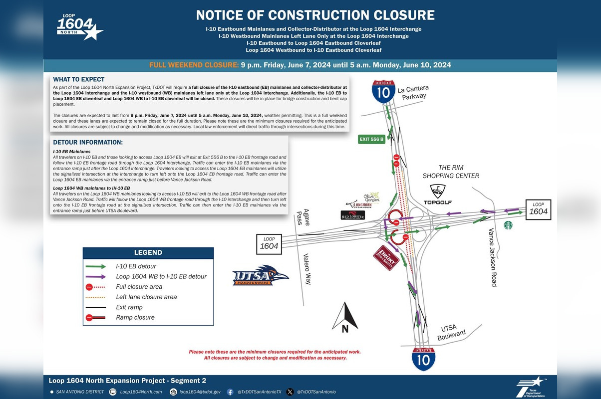 Major Interstate 10 and Loop 1604 Interchange Closures Announced in