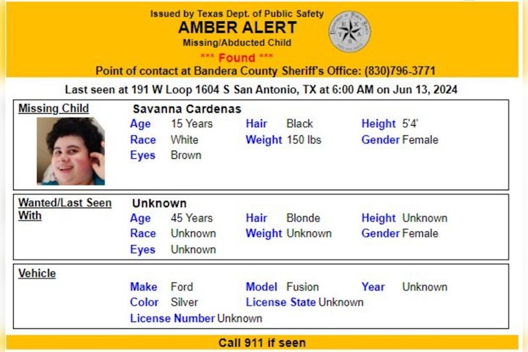 San Antonio Teen Savanna Cardenas Found Safe, Amber Alert Cancelled