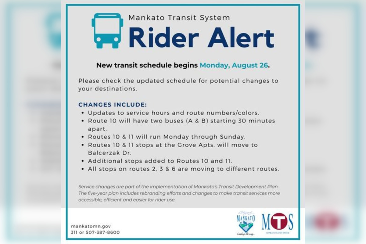Mankato Transit System Announces Schedule Changes Effective August 26