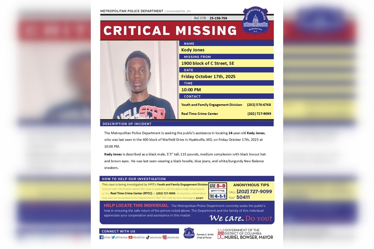 DC Police Issue Critical Alert for Missing 14-Year-Old Kody Jones in