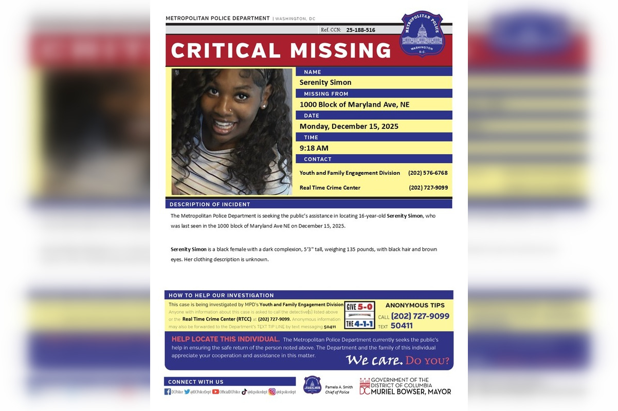 DC Police Issue Critical Alert for Missing 16-Year-Old Serenity Simon,