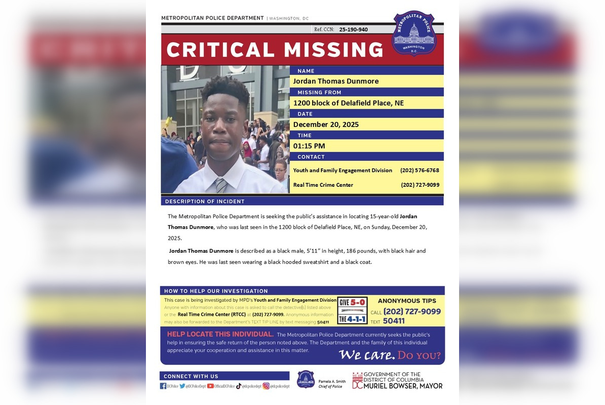 DC Police Issue Critical Alert for Missing Teen Jordan Thomas Dunmore