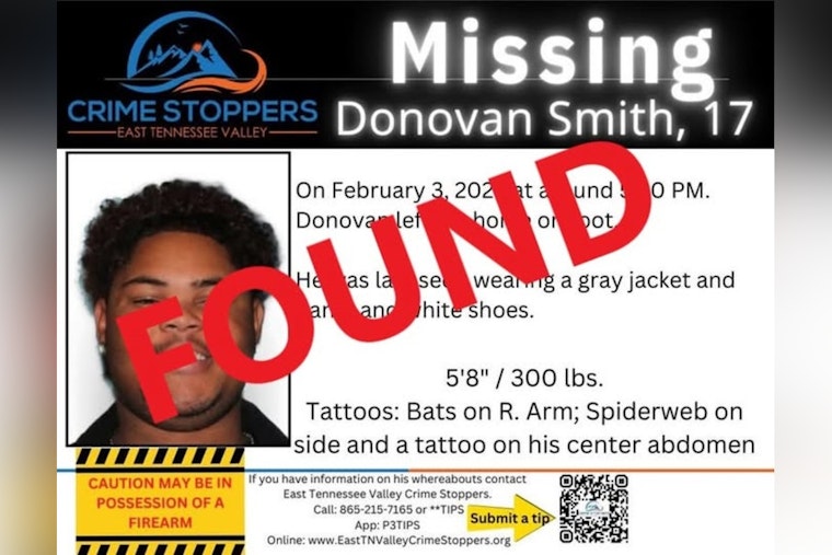 Missing Teenager Donovan Smith Found Safe in East Knoxville as Police