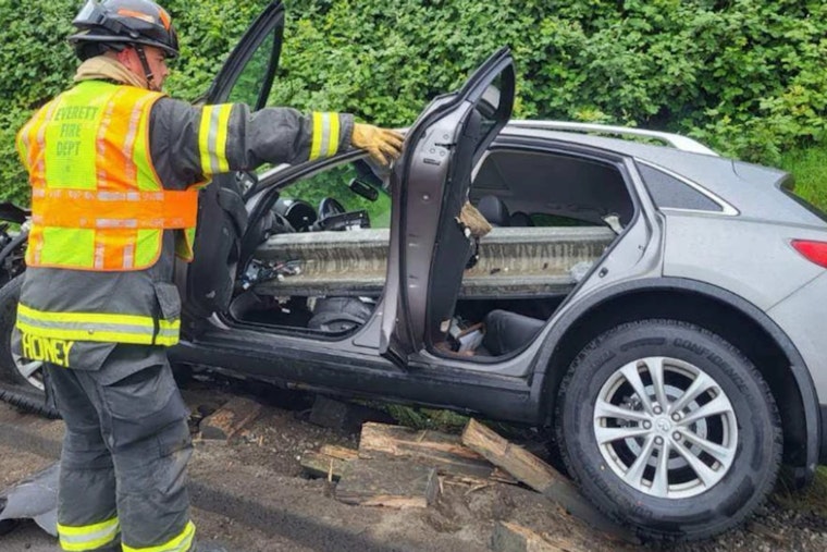 Driver Survives as Guardrail Impales Car on Everett Freeway