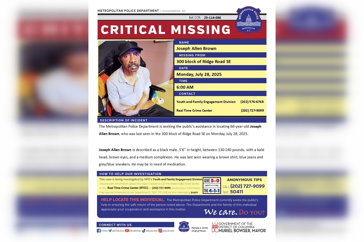 DC Police Issue Critical Alert for Missing 66-Year-Old Joseph Brown,