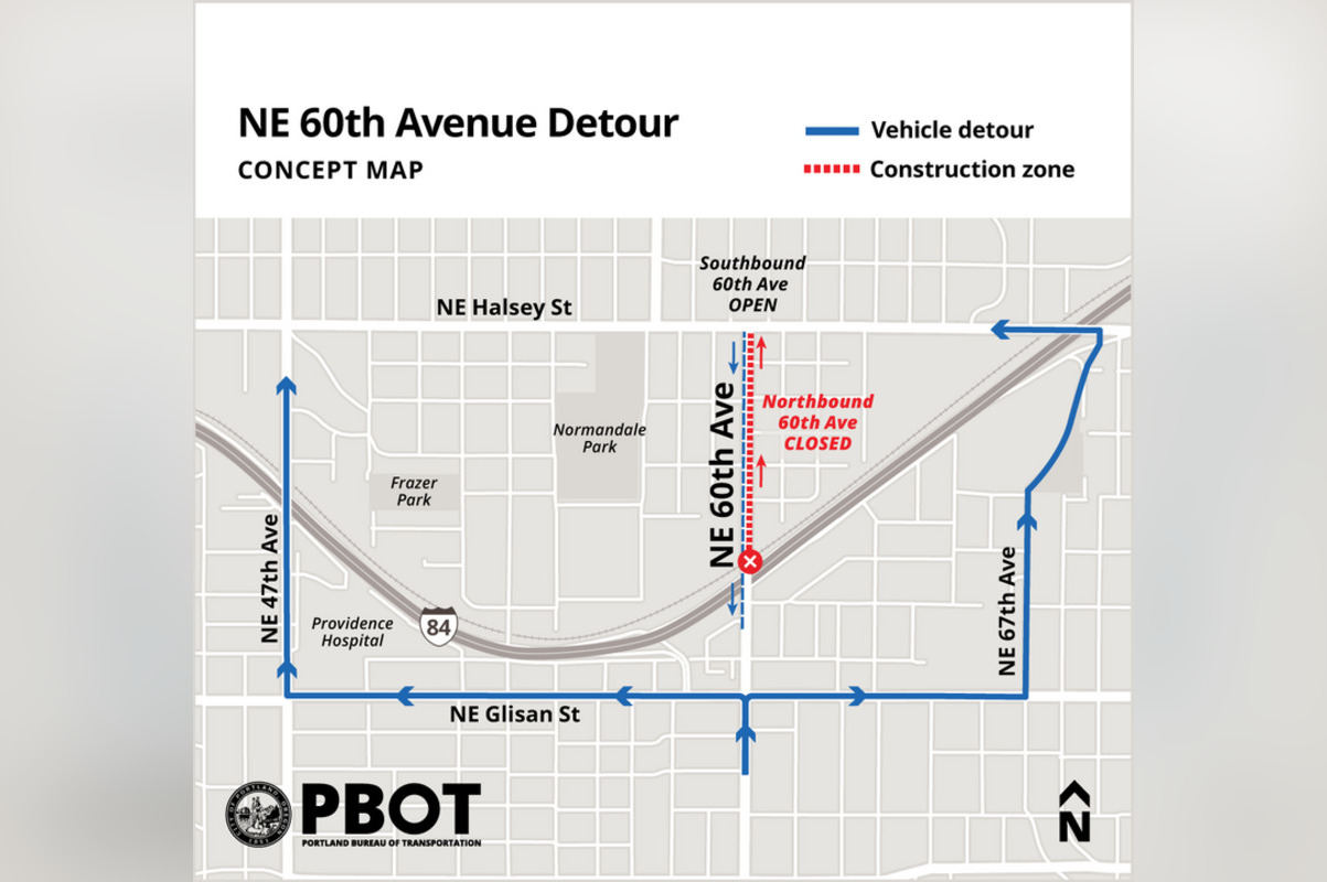 Portland's NE 60th Avenue Traffic Rerouted Amid Sidewalk Construction