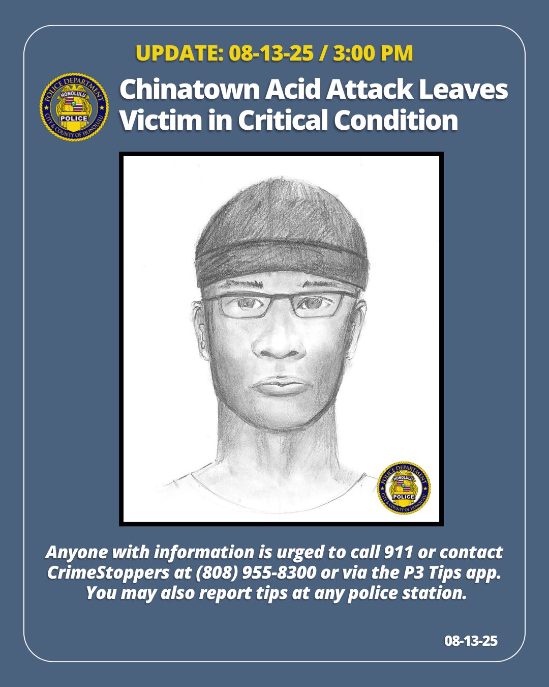 Honolulu Police Release Sketch of Suspect in Chinatown Acid Attack