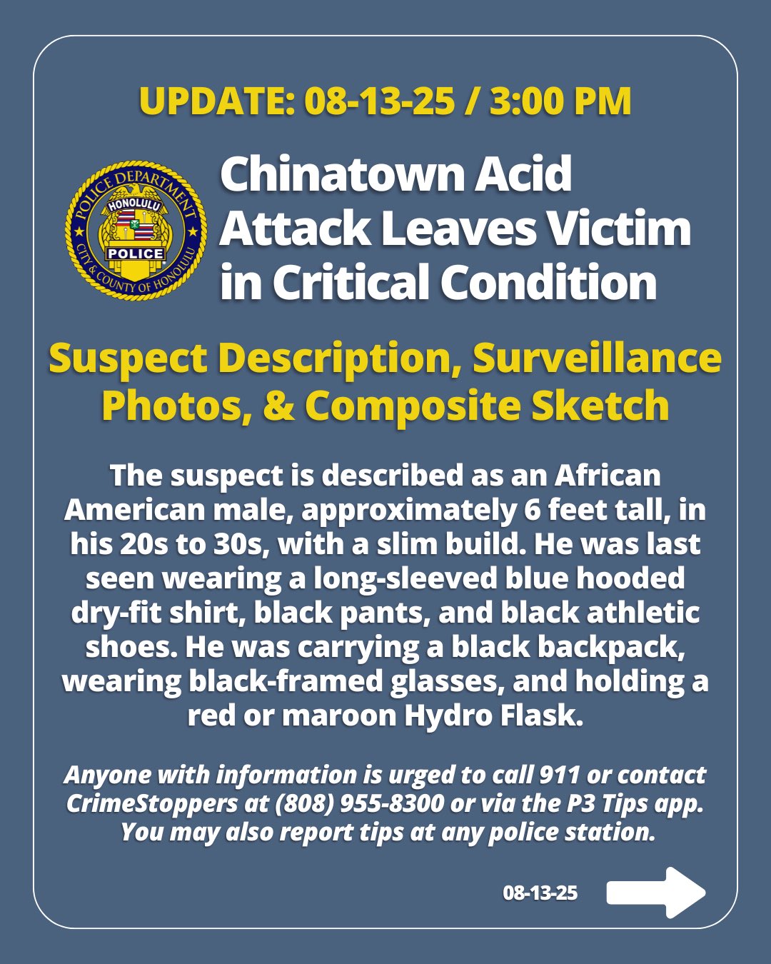 Honolulu Police Release Sketch of Suspect in Chinatown Acid Attack