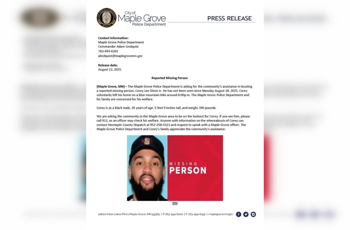 Maple Grove Police Urge Community to Help Locate Missing Man Corey Lee